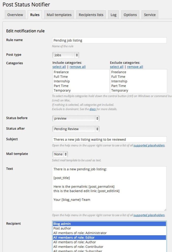 Notify WP Job Manager listings with Post Status Notifier